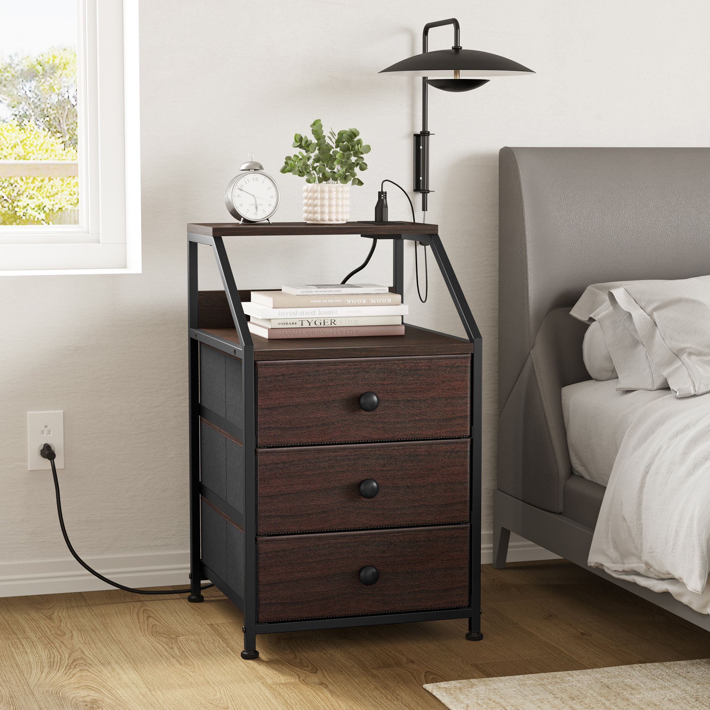 Ebern Designs Sereena Nightstand with 3 Drawers 2 USB Ports Bedside Table with Outlets Stable Metal Frame Reviews Wayfair